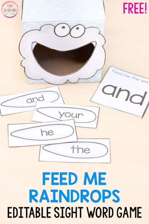 Editable Rain Cloud Feed Me Sight Words Activity Printables