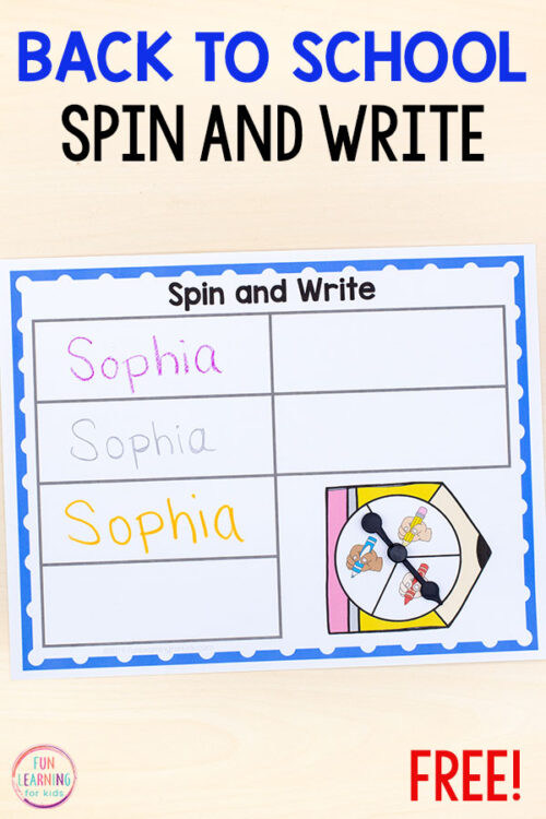 Printable Spin and Write Your Name Activity for Back to School