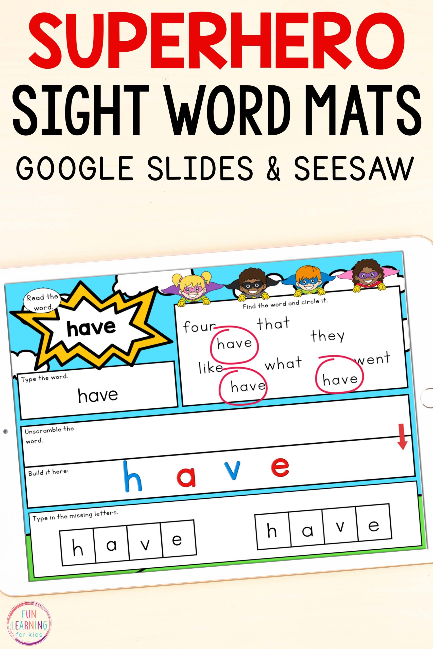 Awesome Superhero Sight Word Mats for Google Slides and Seesaw