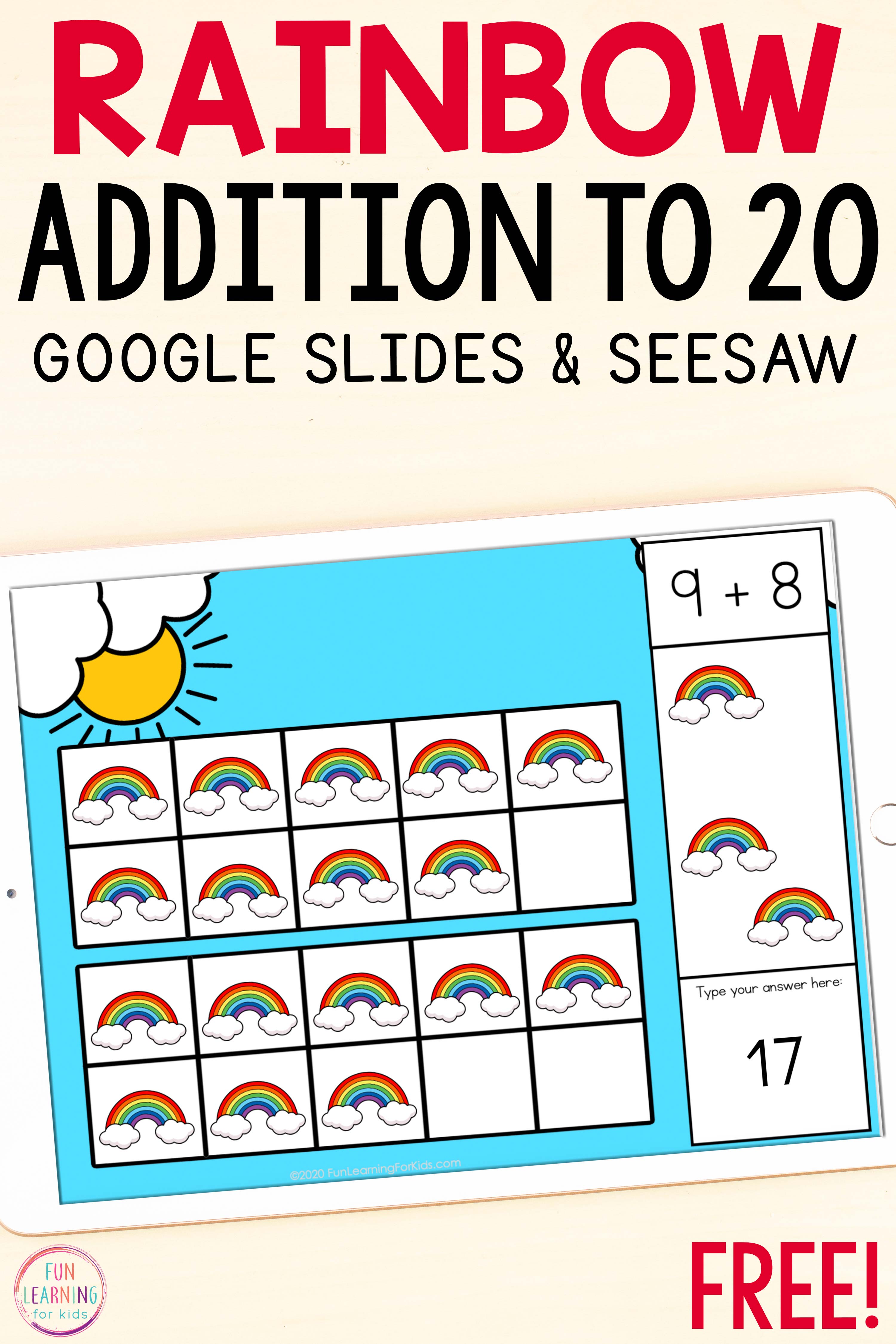 Digital Rainbow Addition Within 20 Math Activity