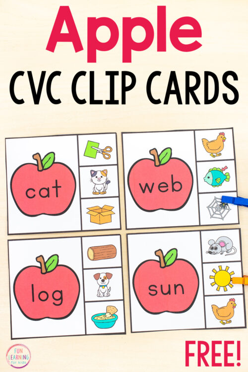 Apple CVC Matching Clip Cards Printable for Kindergarten