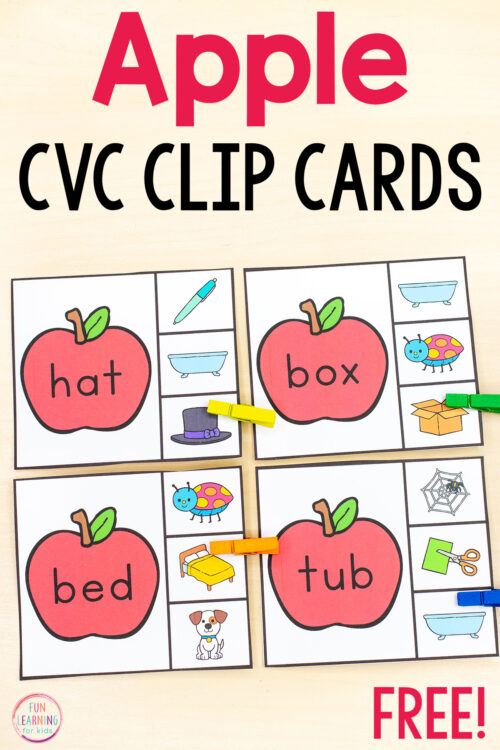 Apple CVC Matching Clip Cards Printable for Kindergarten