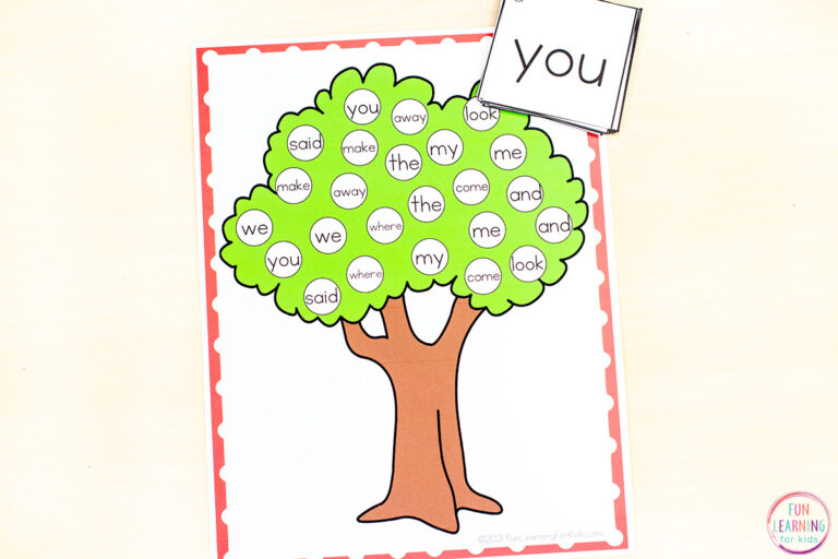 Apple Tree Sight Word Find and Cover Printable for Kindergarten