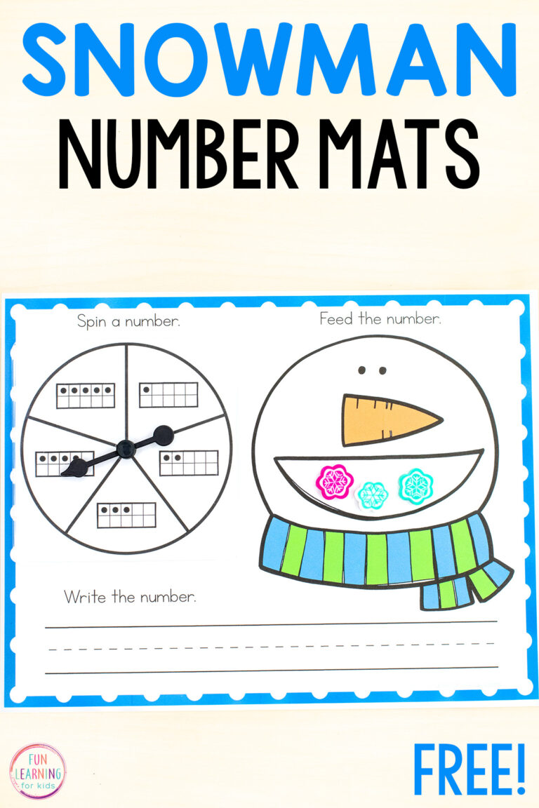 Snowman Number Spin & Build Mats Free Printable