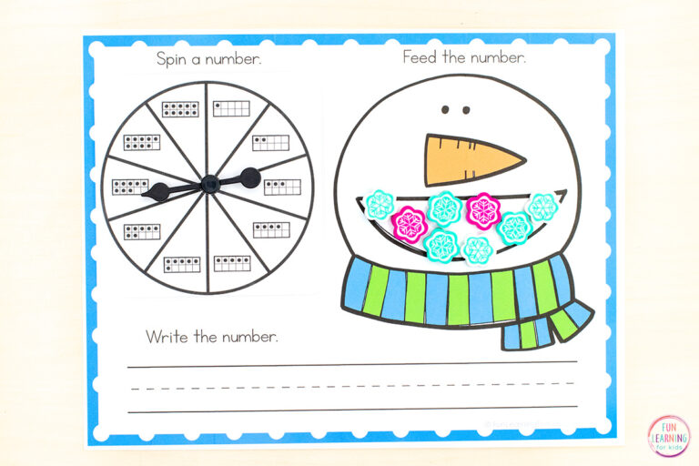 Snowman Number Spin & Build Mats Free Printable