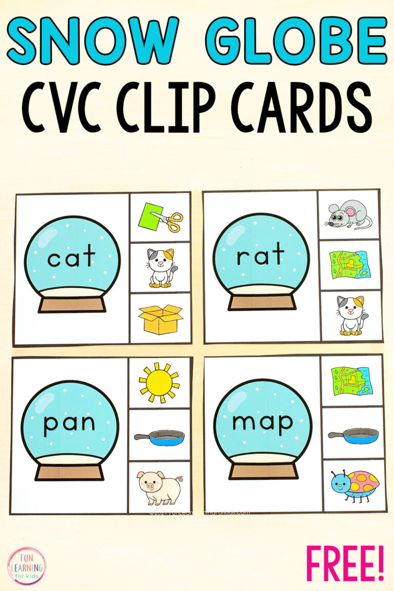 Snow Globe CVC Words Clip Cards Free Printable