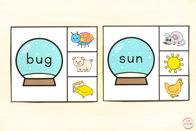 Snow Globe CVC Words Clip Cards Free Printable