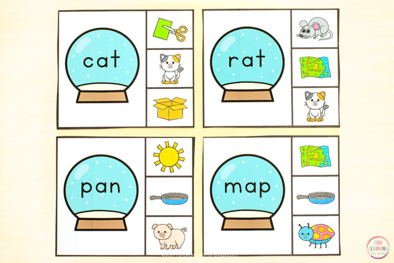 Snow Globe CVC Words Clip Cards Free Printable