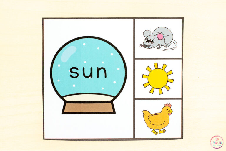 Snow Globe CVC Words Clip Cards Free Printable