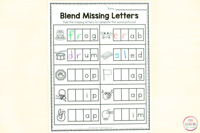 Blend Words Missing Sound Worksheets for Phonics Practice