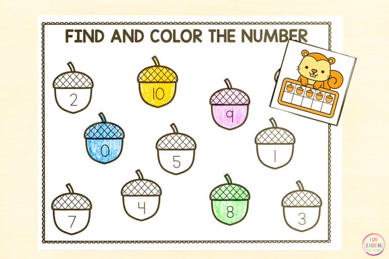 Squirrel Find and Color the Number Sheets