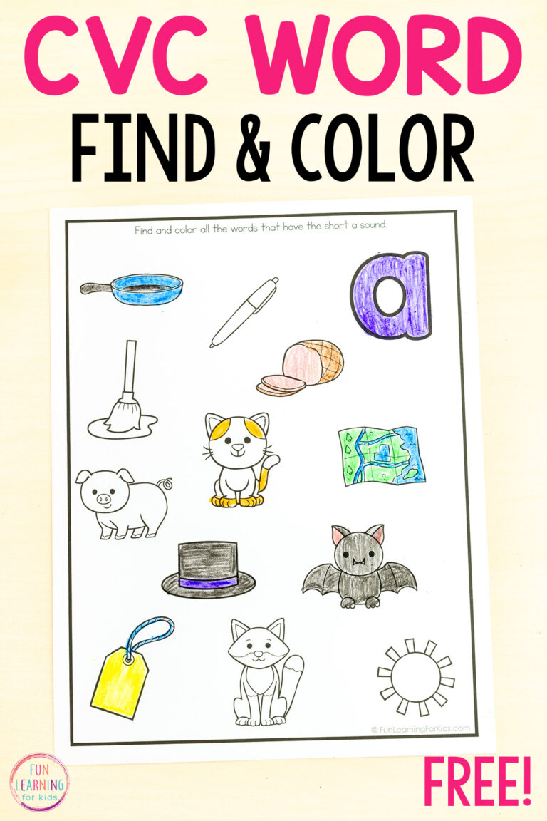 Short Vowel Find and Color CVC Words Worksheets