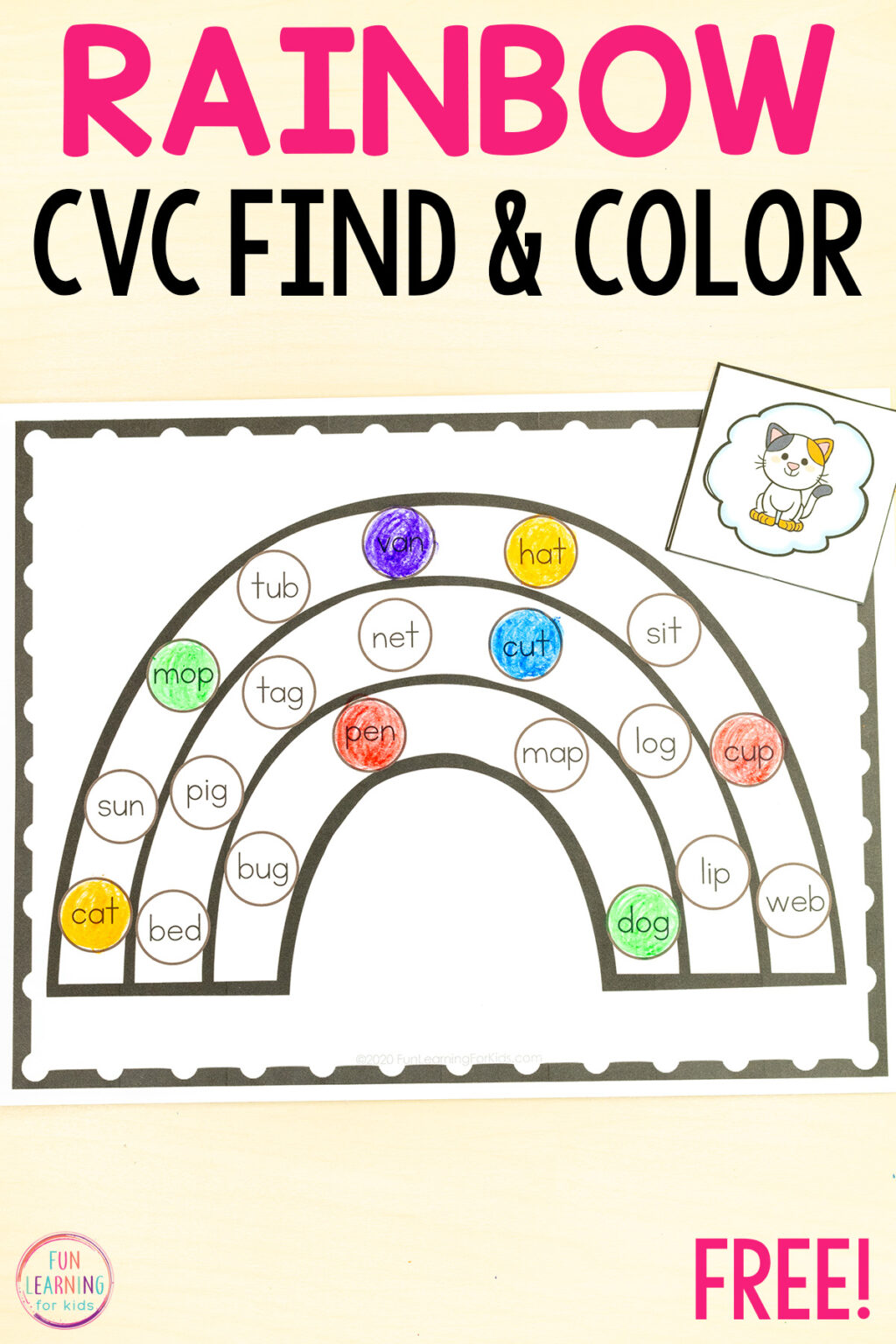 Rainbow CVC Word Find & Color Sheets