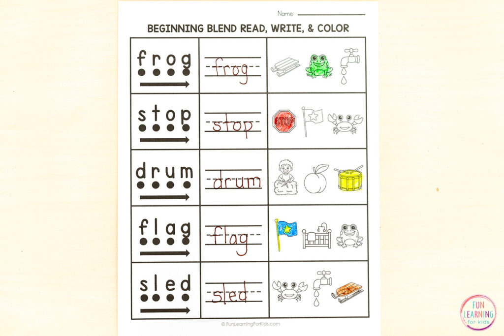 Blend Word Read, Write and Color Worksheets