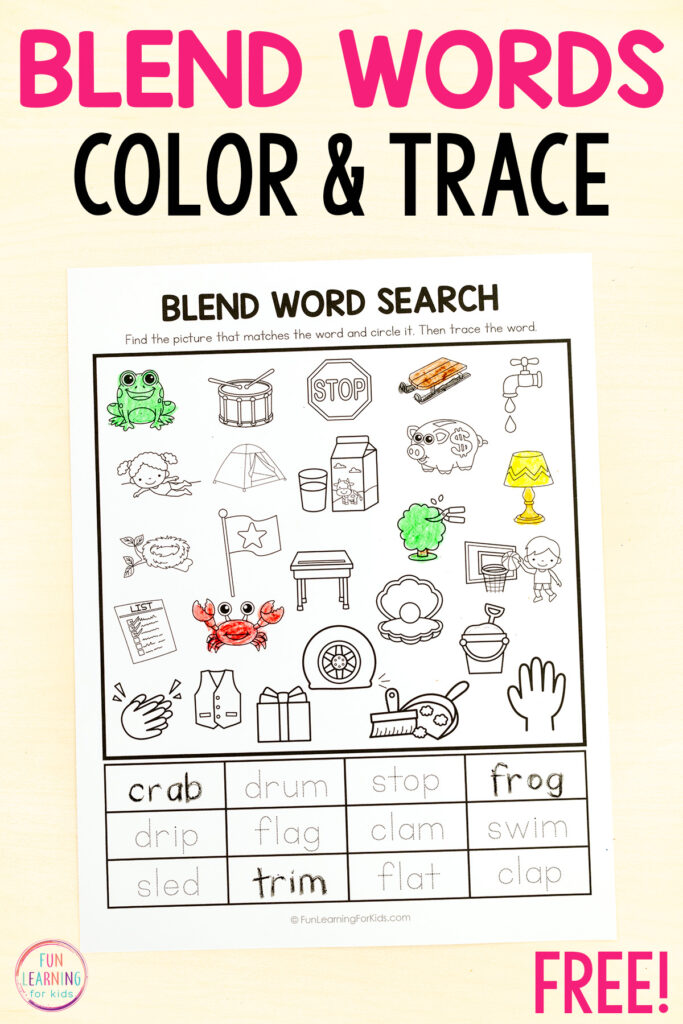 Blend Word Search and Trace Sheets for Reading Practice