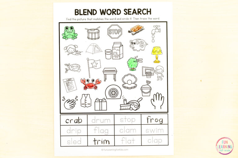 Blend Word Search and Trace Sheets for Reading Practice