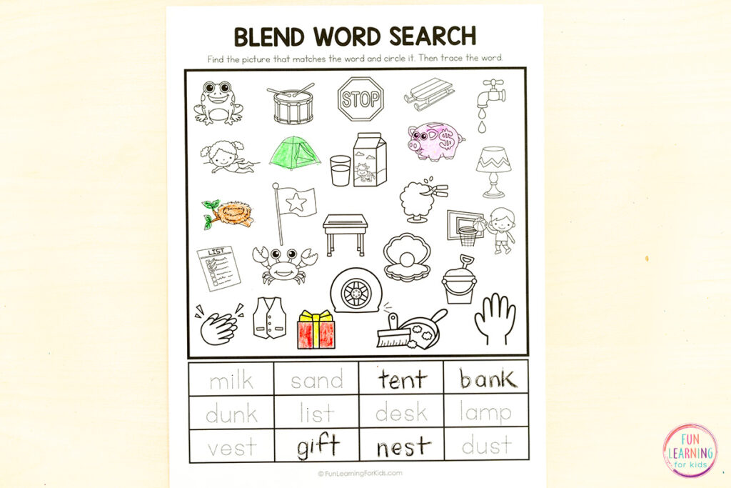 Blend Word Search and Trace Sheets for Reading Practice