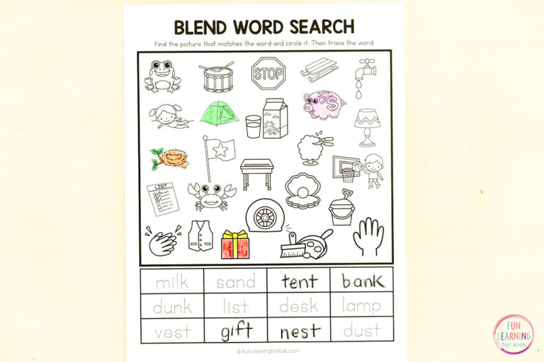 Blend Word Search and Trace Sheets for Reading Practice