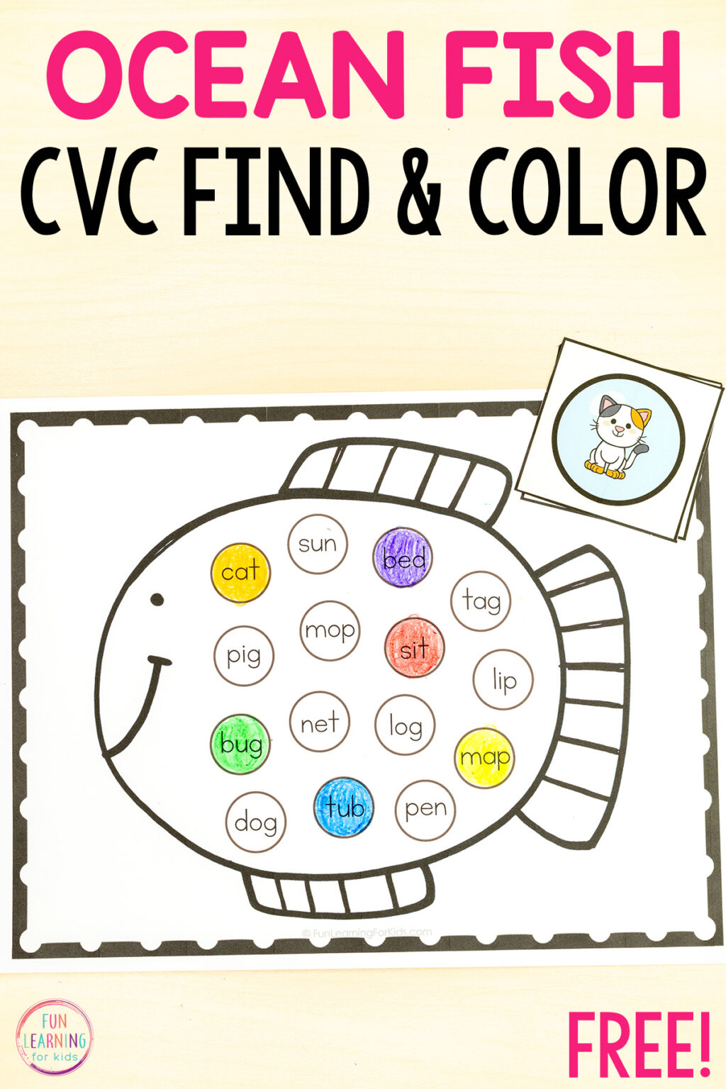 Free Fish CVC Word Find and Color Sheets