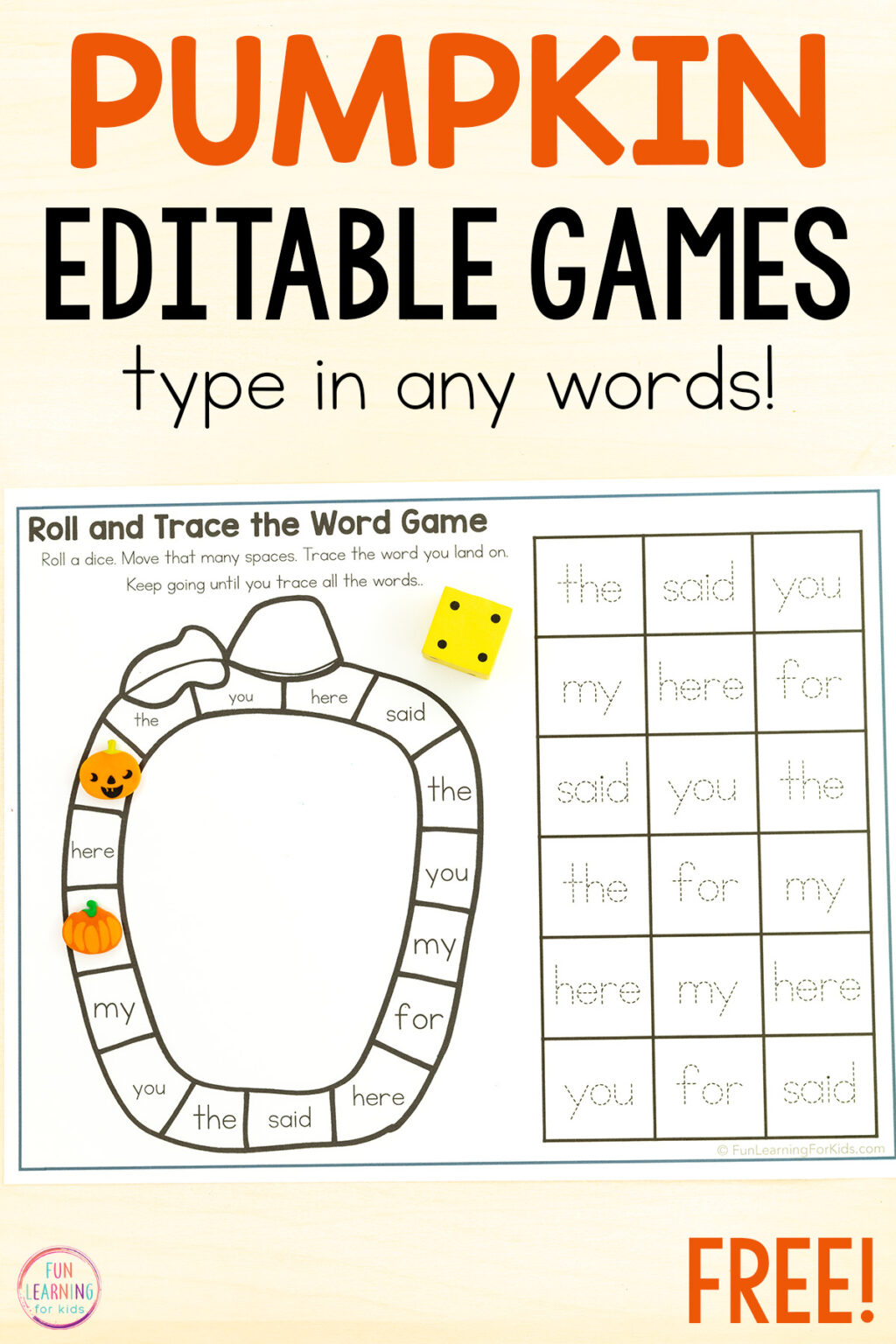 Pumpkin Editable Board Game Worksheets for Math or Literacy