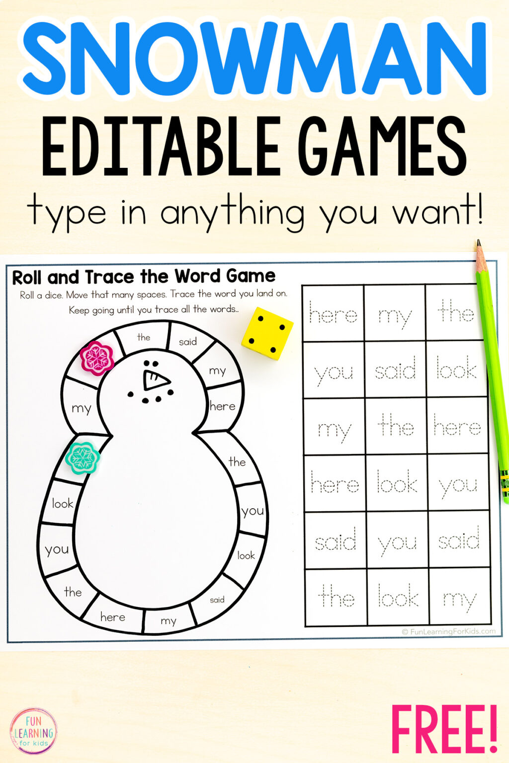 Snowman Race and Trace Editable Board Game Worksheets