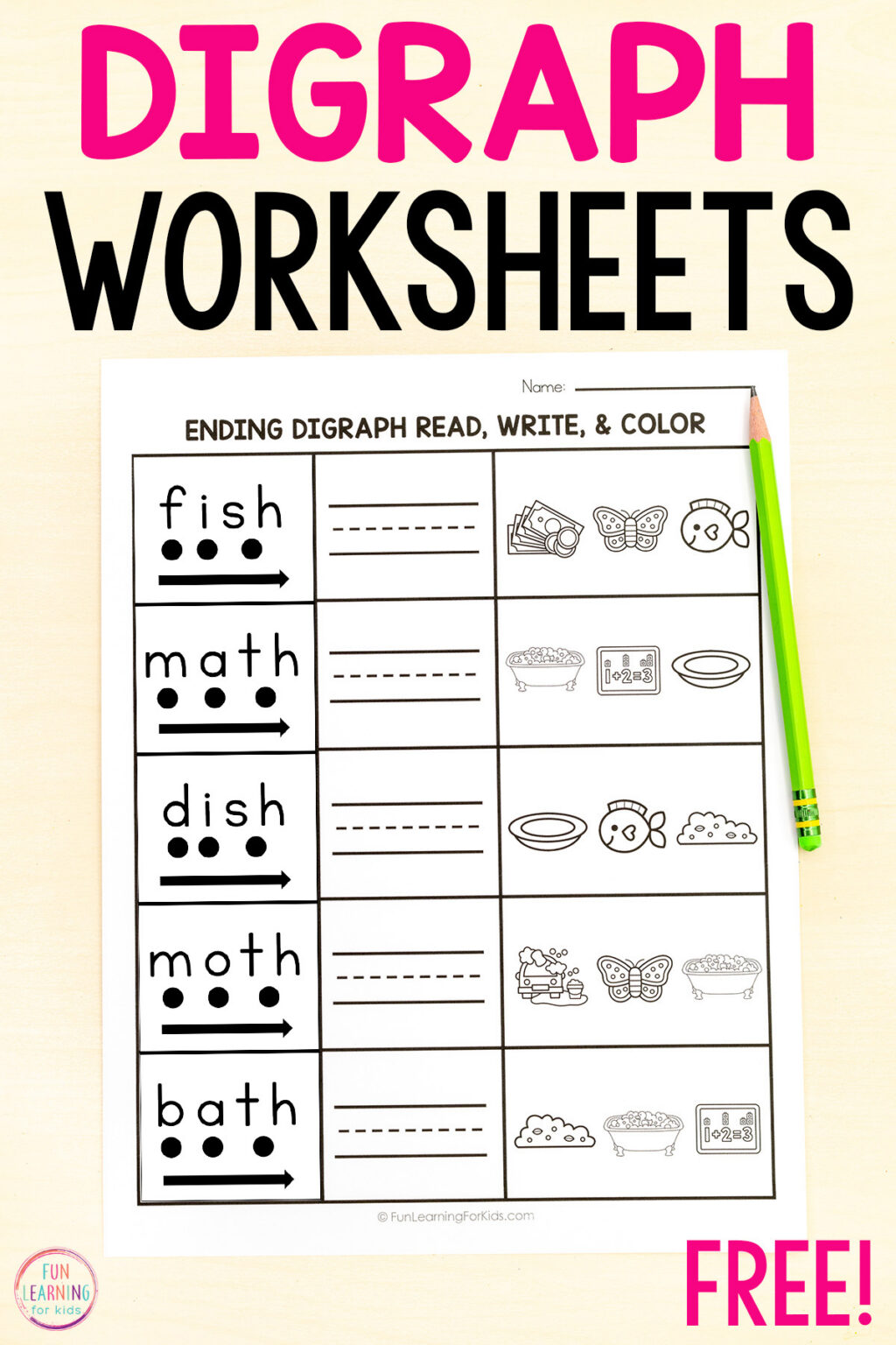 Digraph Read Write & Color Worksheets for Phonics Lessons