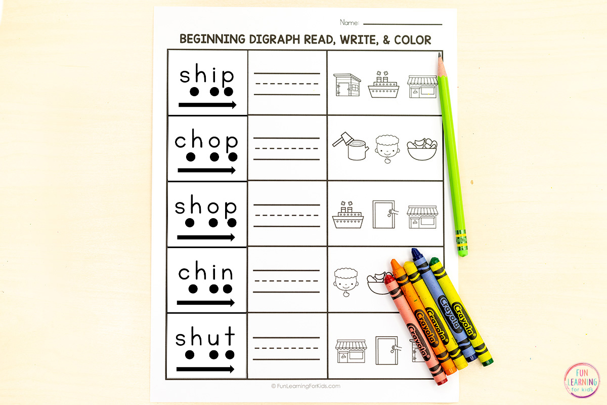 Digraph Read Write & Color Worksheets for Phonics Lessons