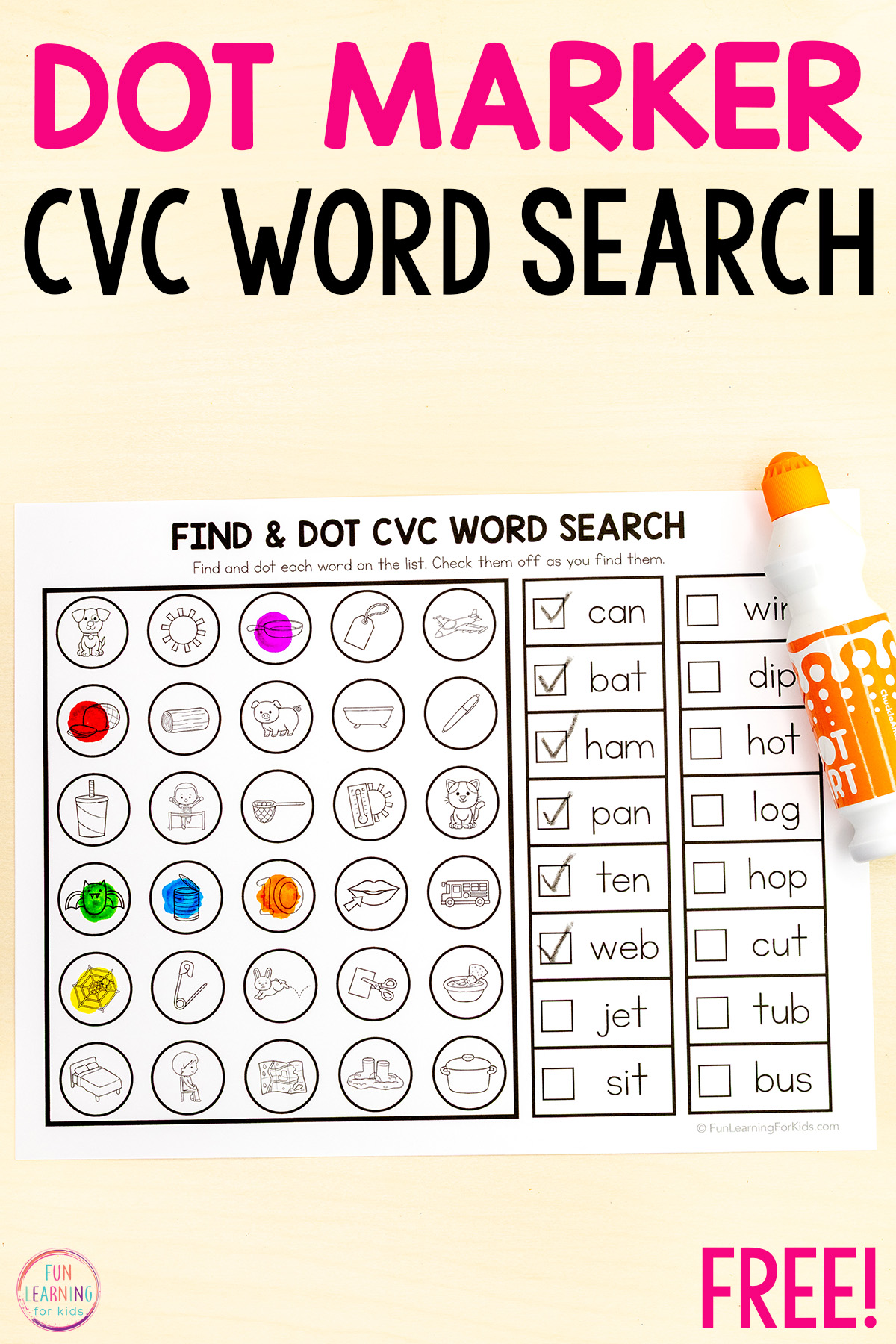 Find and Dot CVC Word Search Printable for Kindergarten