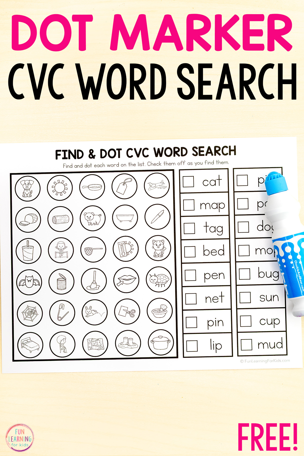 Find and Dot CVC Word Search Printable for Kindergarten
