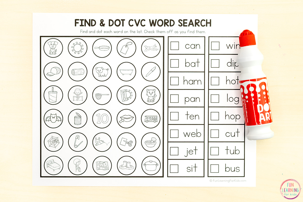Find and Dot CVC Word Search Printable for Kindergarten