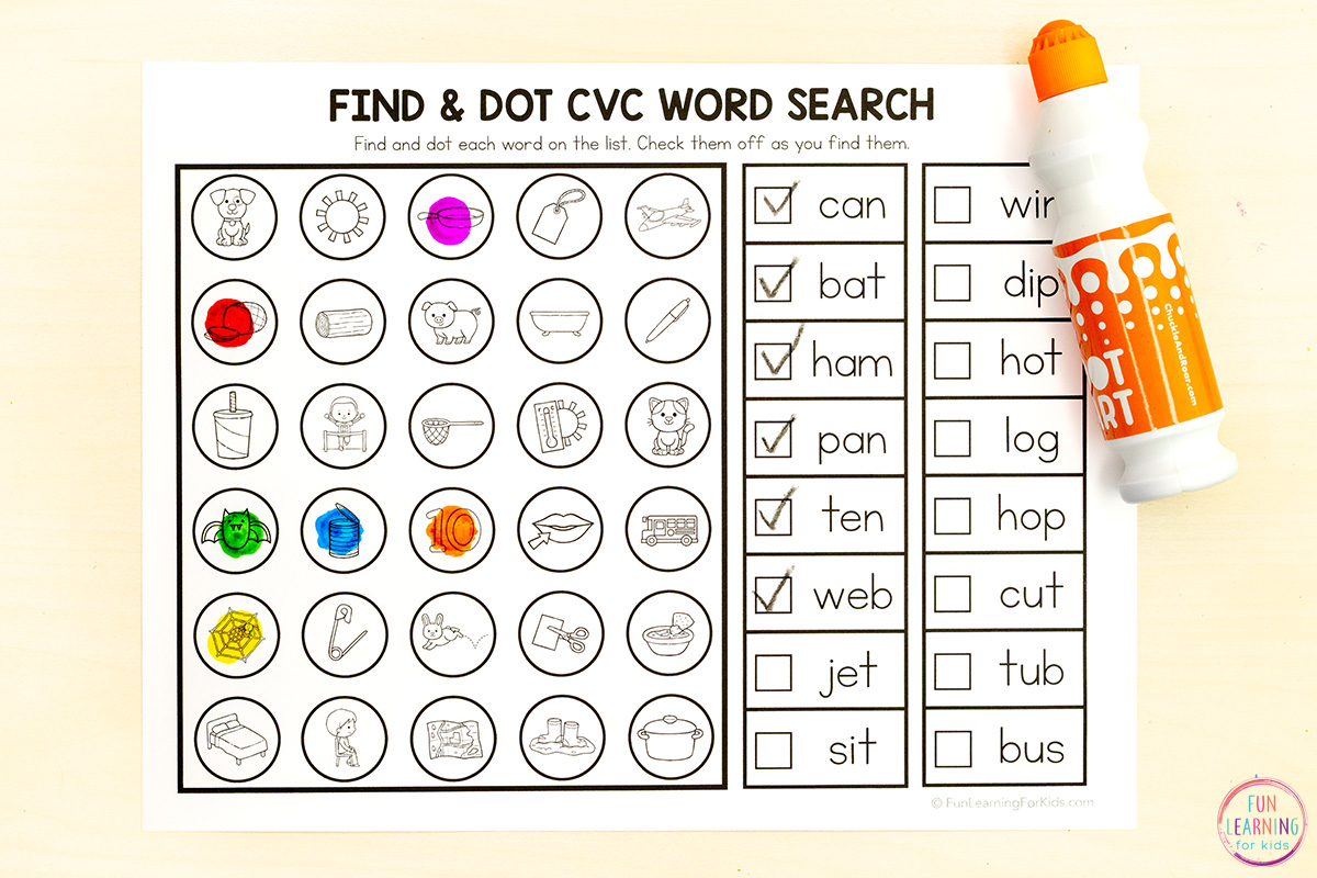 Find and Dot CVC Word Search Printable for Kindergarten