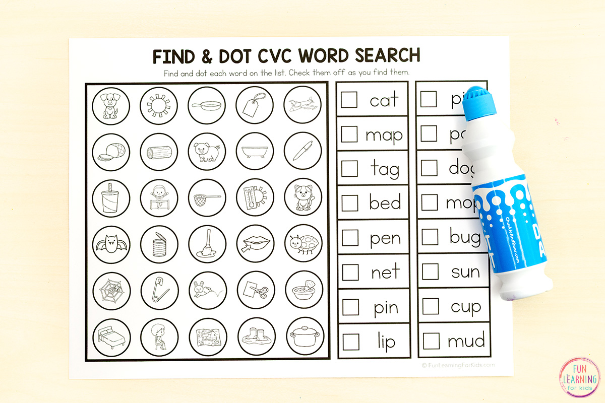 Find and Dot CVC Word Search Printable for Kindergarten